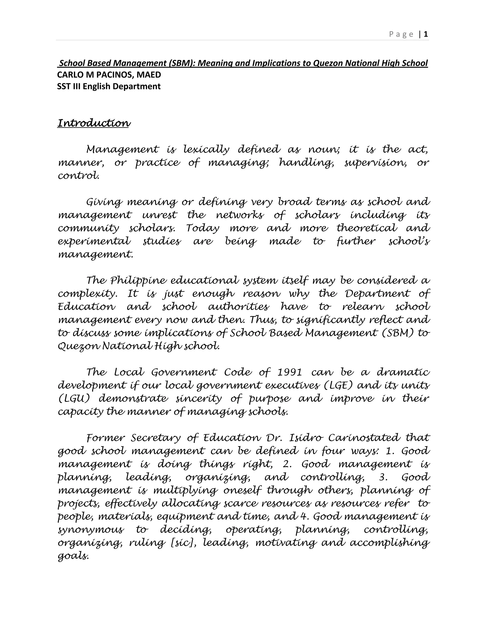 School based management implications to qnhs | DOCX