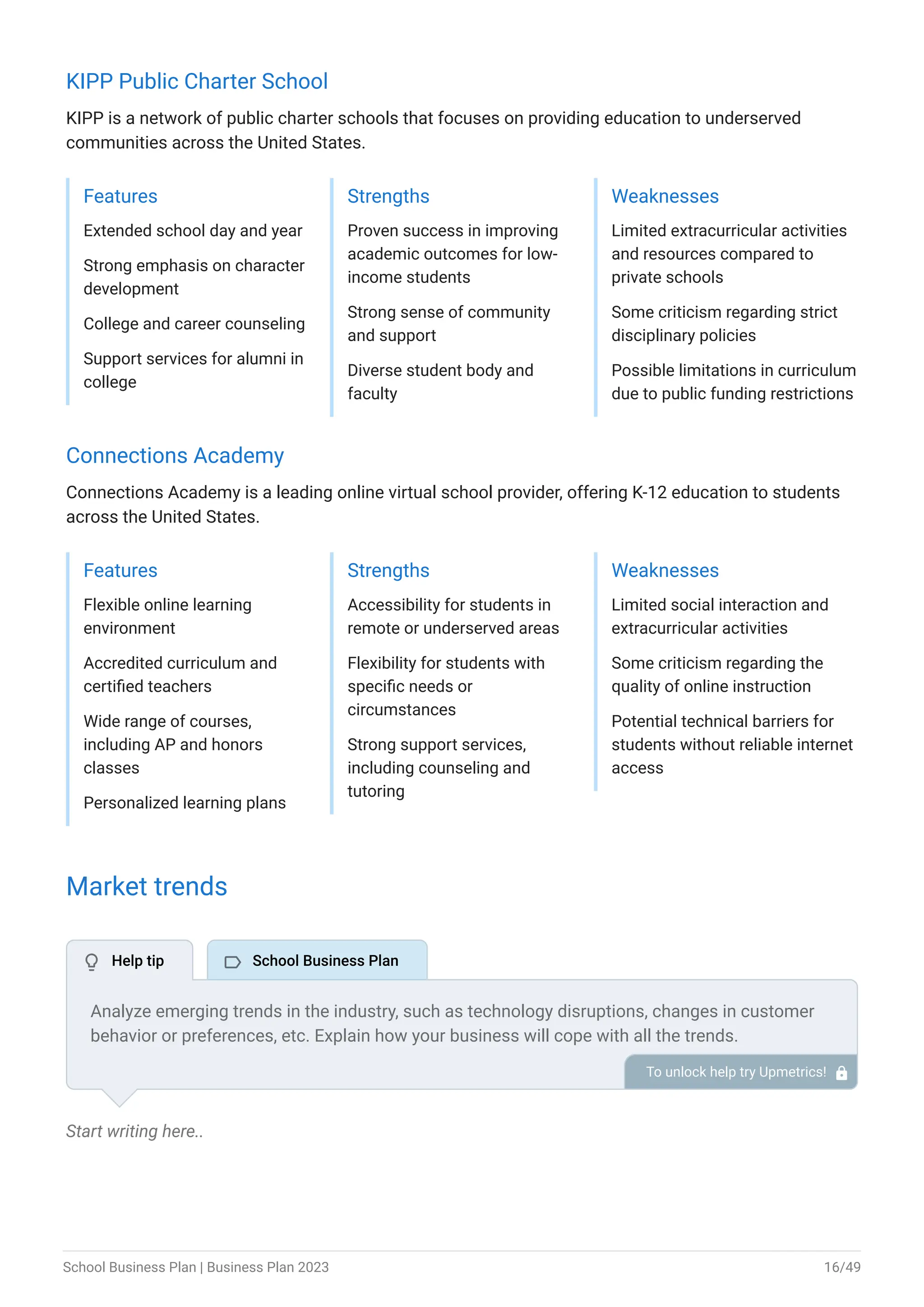 school business plan example | upmetrics | PDF
