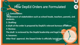 Deped order and other issuances . School laws and Legislation report | PPTX