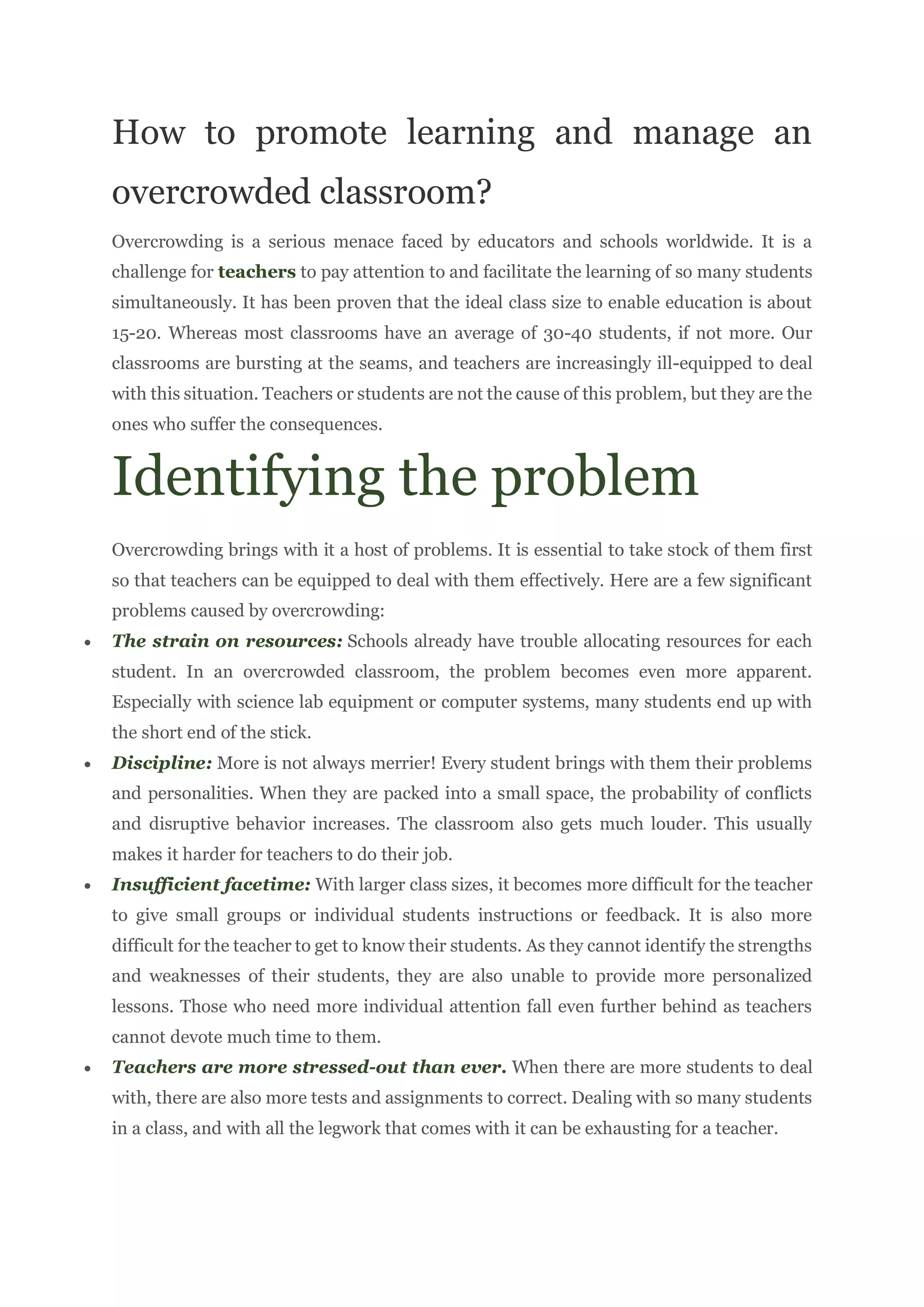 How to promote learning and manage an overcrowded classroom? | PDF