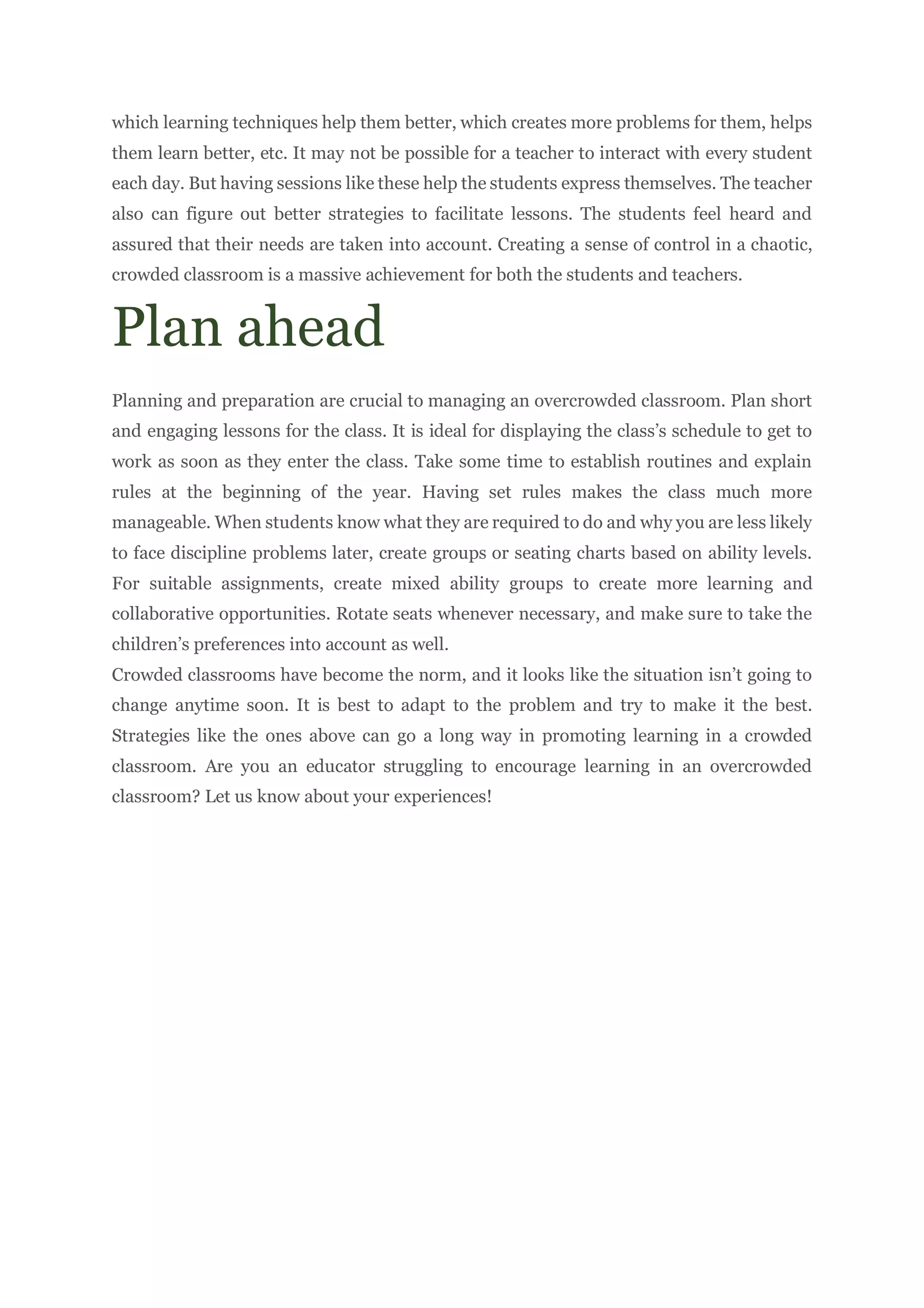 How to promote learning and manage an overcrowded classroom? | PDF