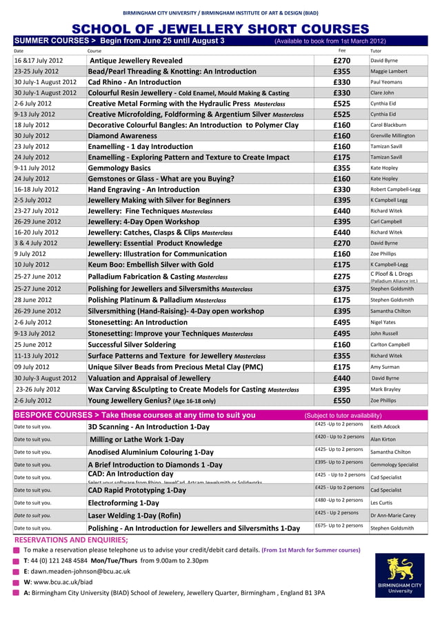 School of jewellery list of summer short courses 2012 pdf | PDF