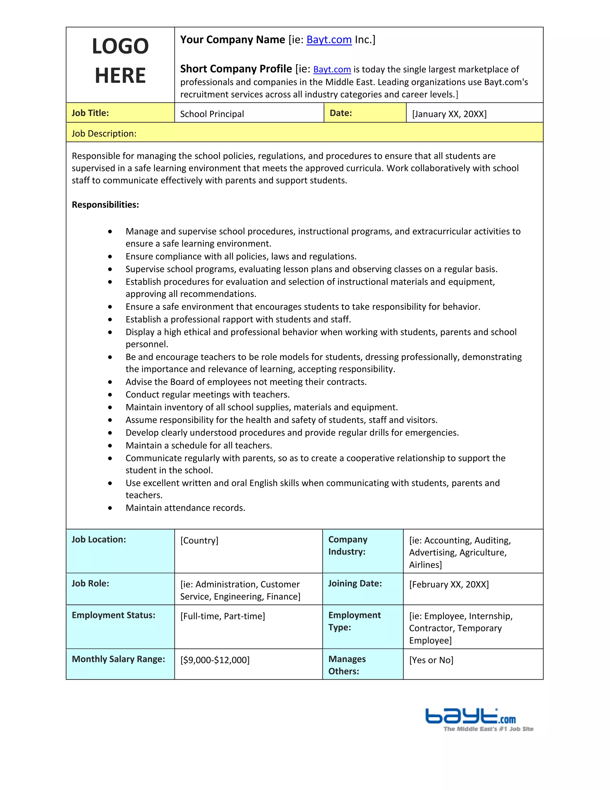 School Principal Job Description Template by Bayt.com
