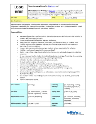 School Principal Job Description Template by Bayt.com