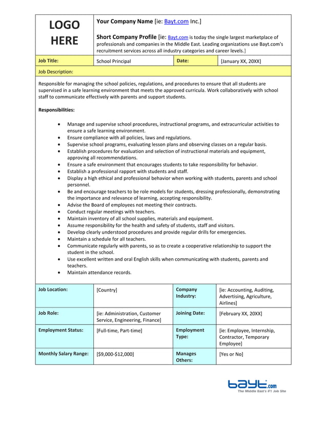 School Principal Job Description Template by Bayt.com