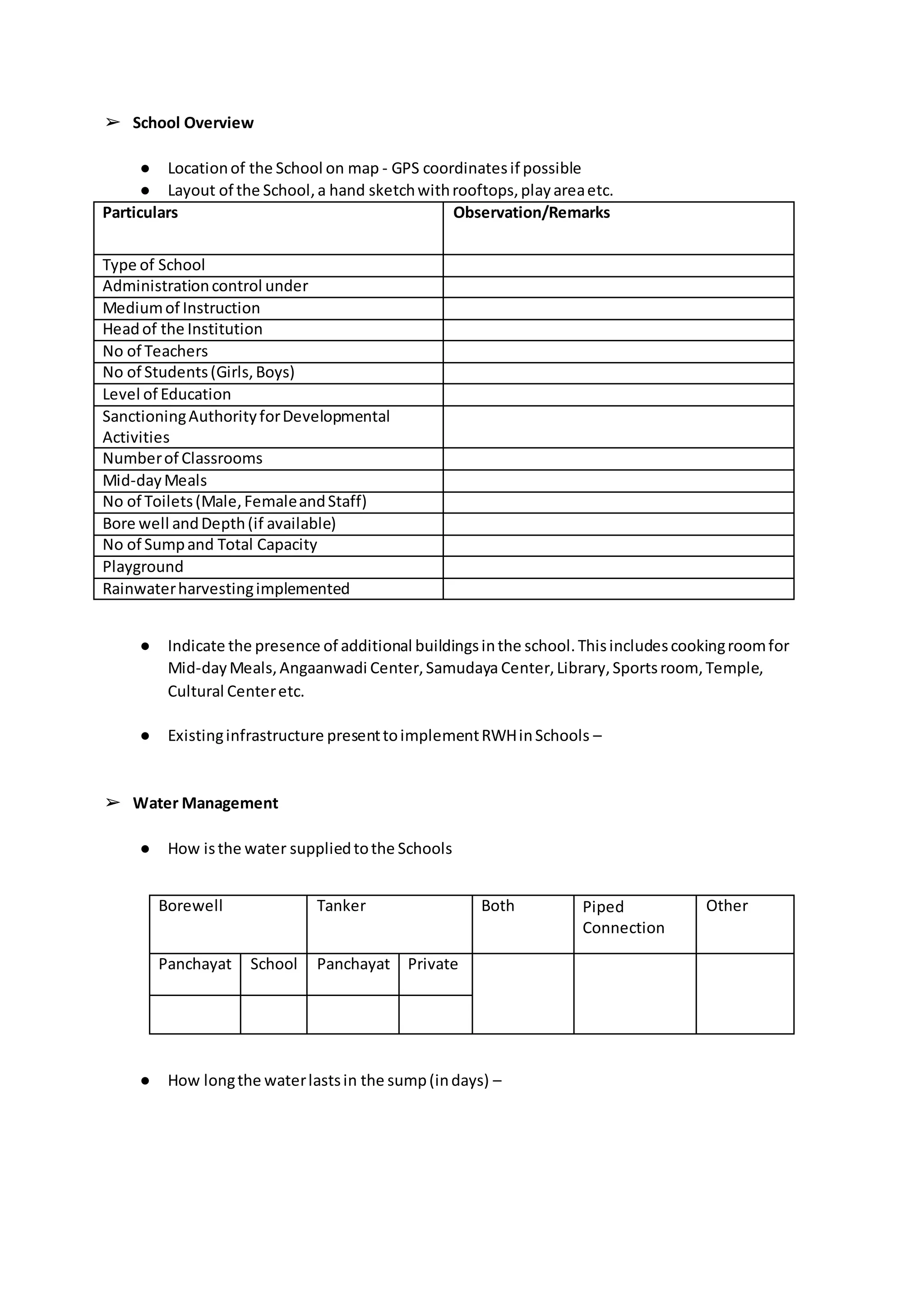 Template Questionnaire For Understanding Water Management in Schools | DOCX