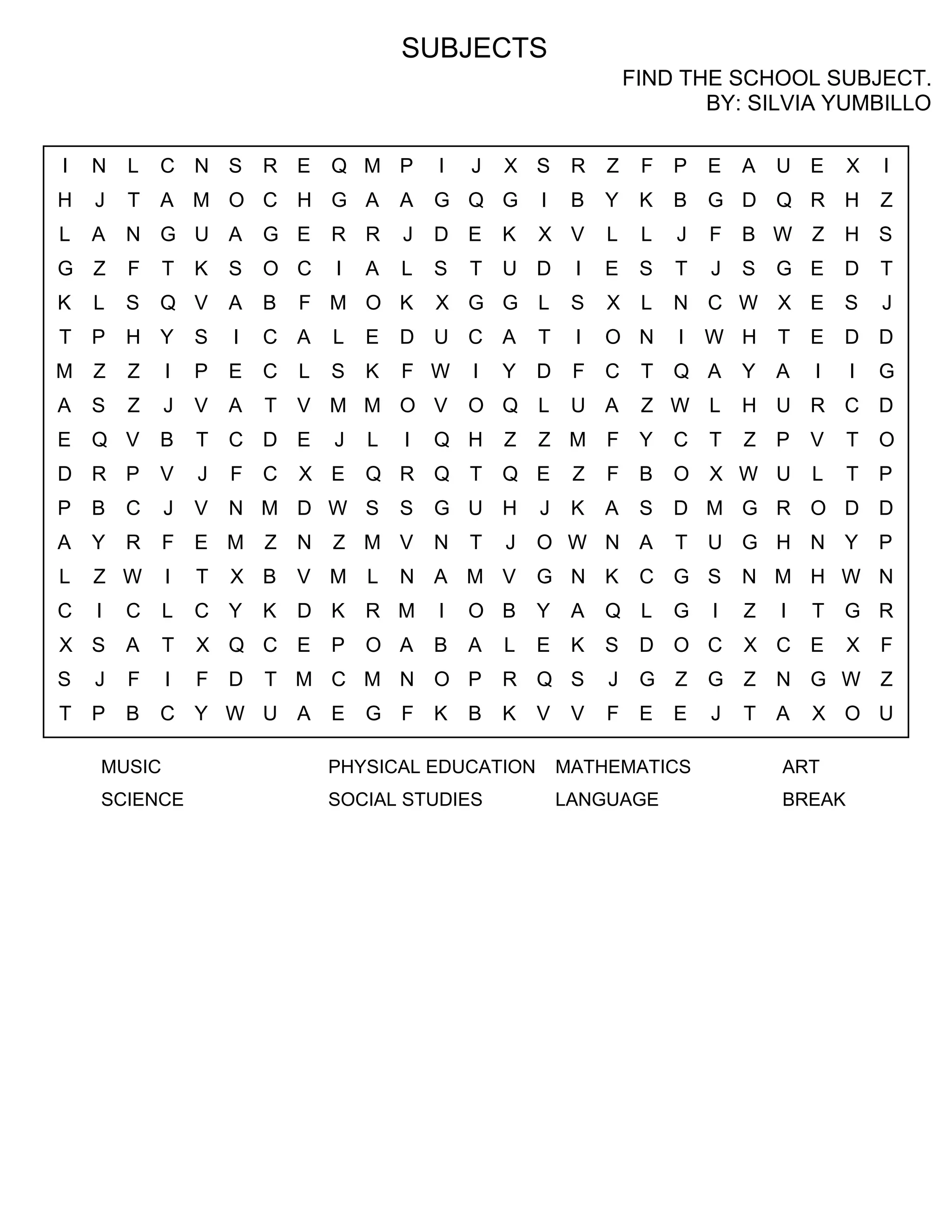 School subjects wordsearch | PDF