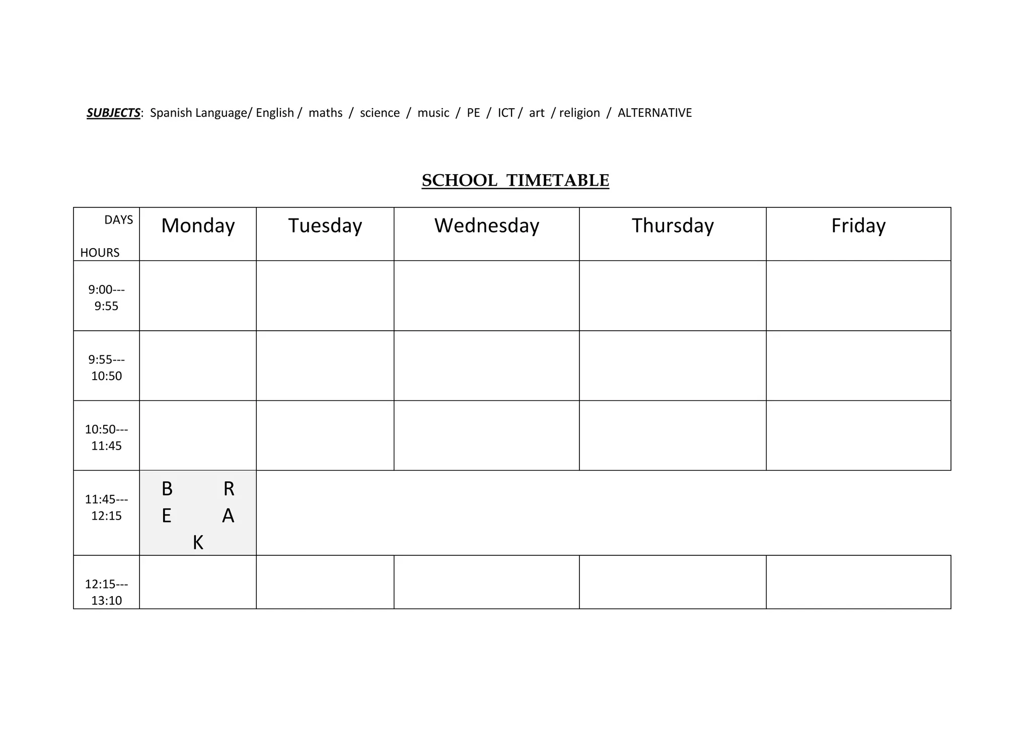 School timetable - template for kids | DOCX | Homework and Study | Education