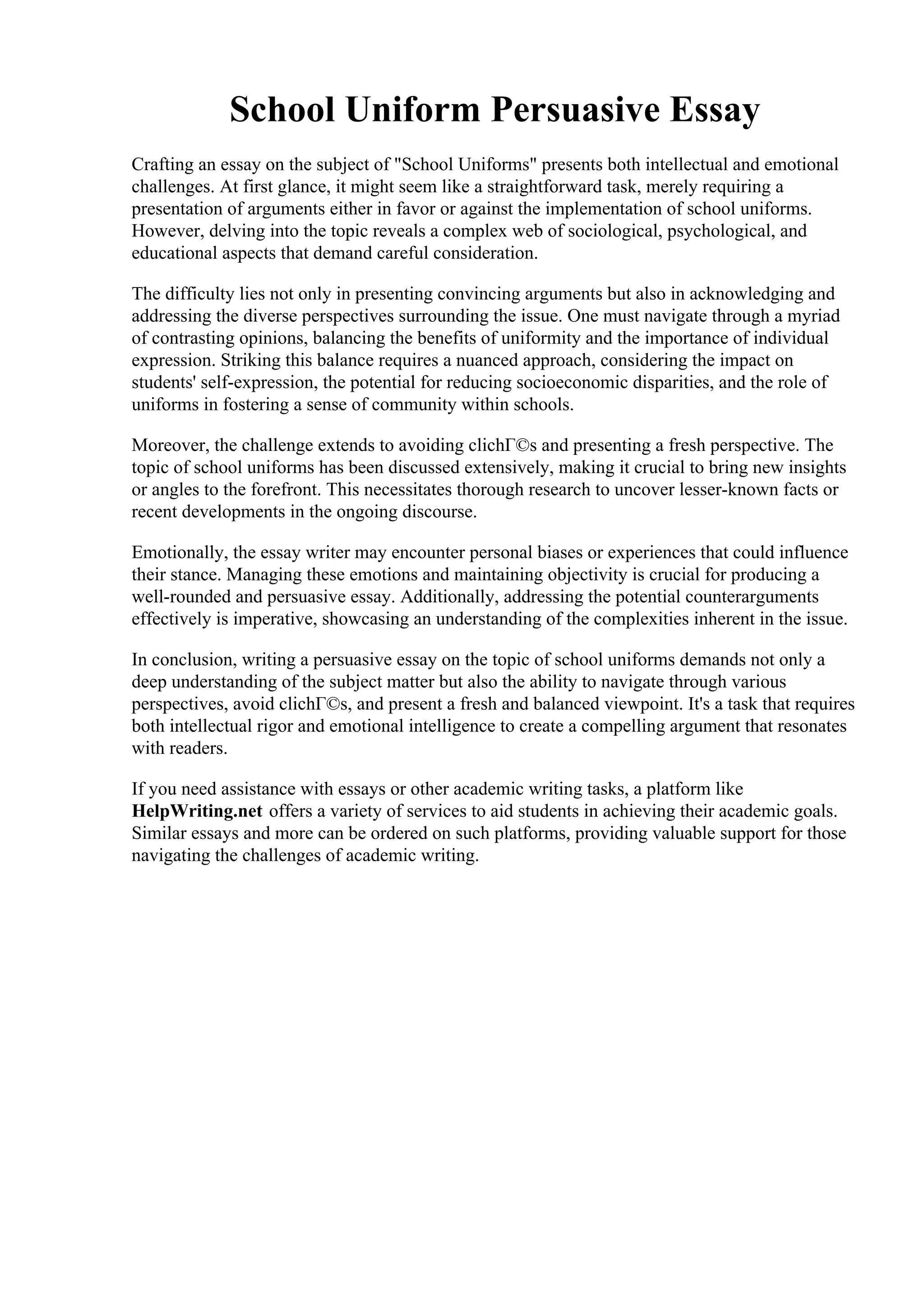 School Uniform Persuasive Essay. Persuasive essay on school uniforms ...