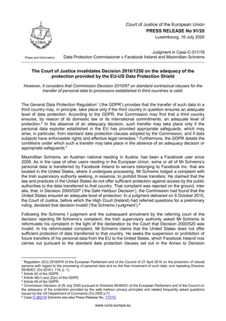 ECJ Press Release in Schrems II Decision | PDF