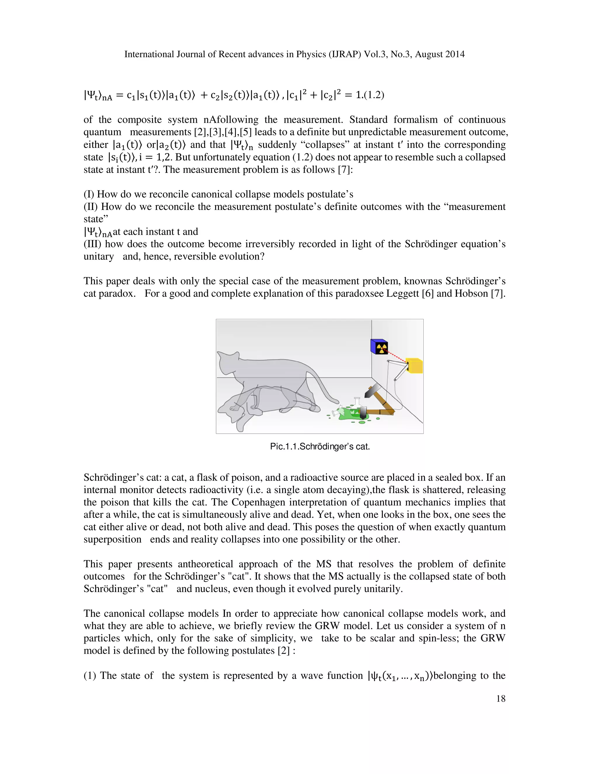 SCHRODINGER'S CAT PARADOX RESOLUTION USING GRW COLLAPSE MODEL | PDF