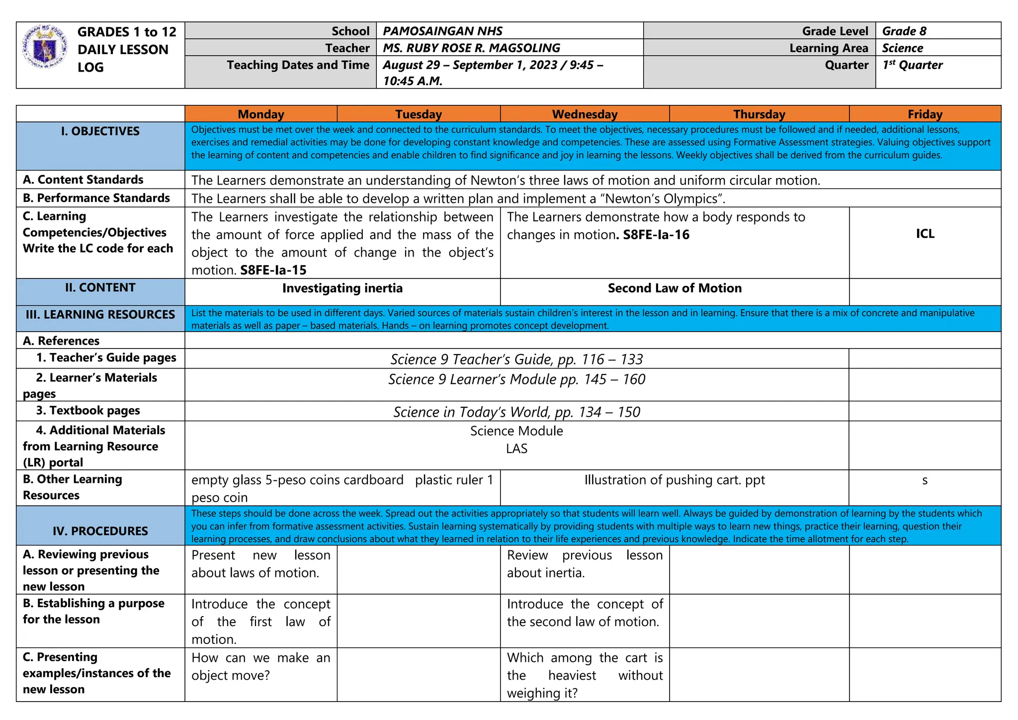Lesson Plan in Science week 1 quarter 1 2024 | DOCX