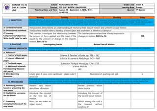 Lesson Plan in Science week 1 quarter 1 2024 | DOCX
