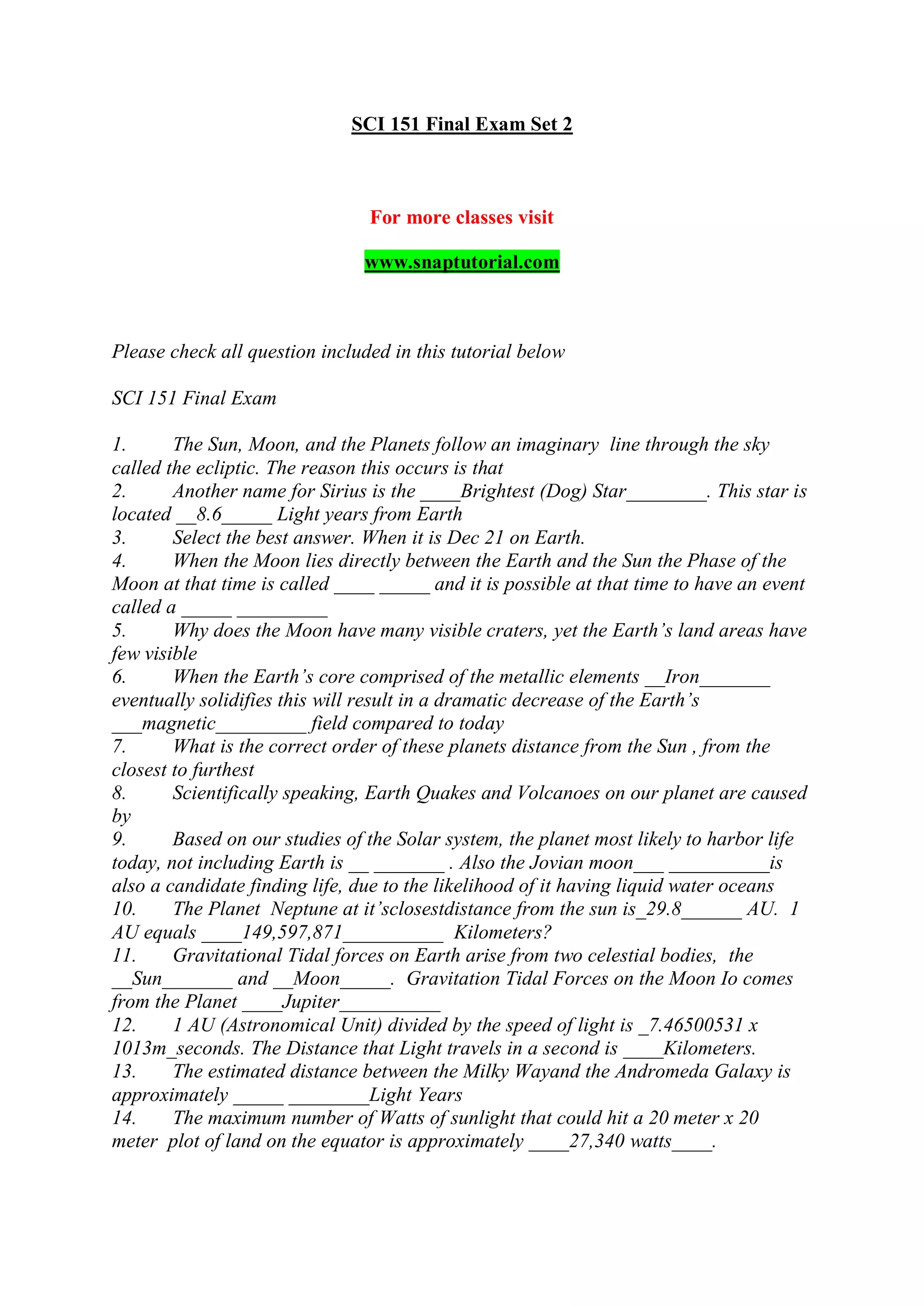 Sci 151 final exam set 2 | PDF