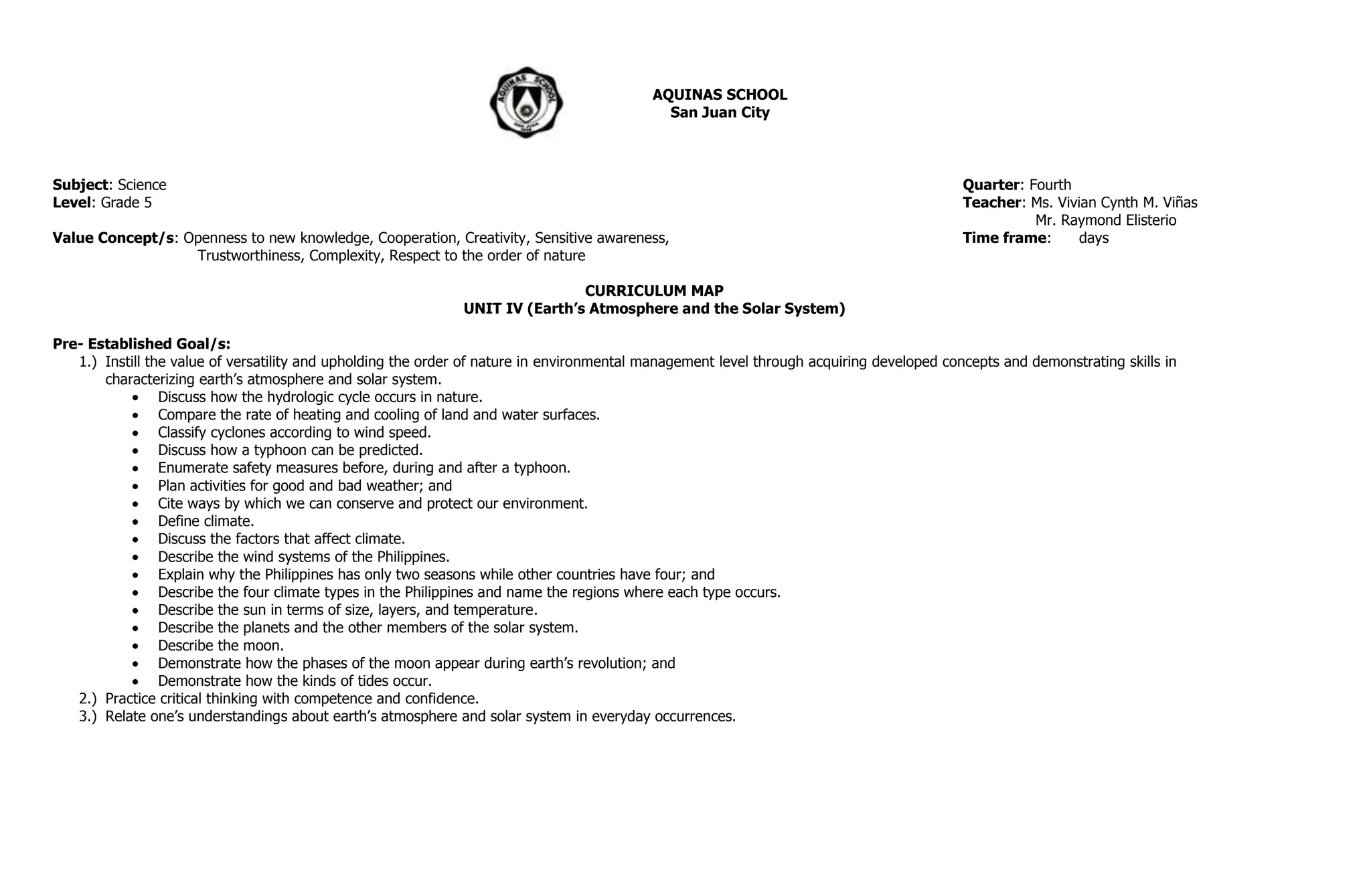 Grade 5 Science 4th Quarter Curriculum Map | DOC