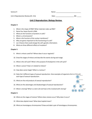 Sci 9 Ch. 4-6 Reproduction Unit Review | PDF