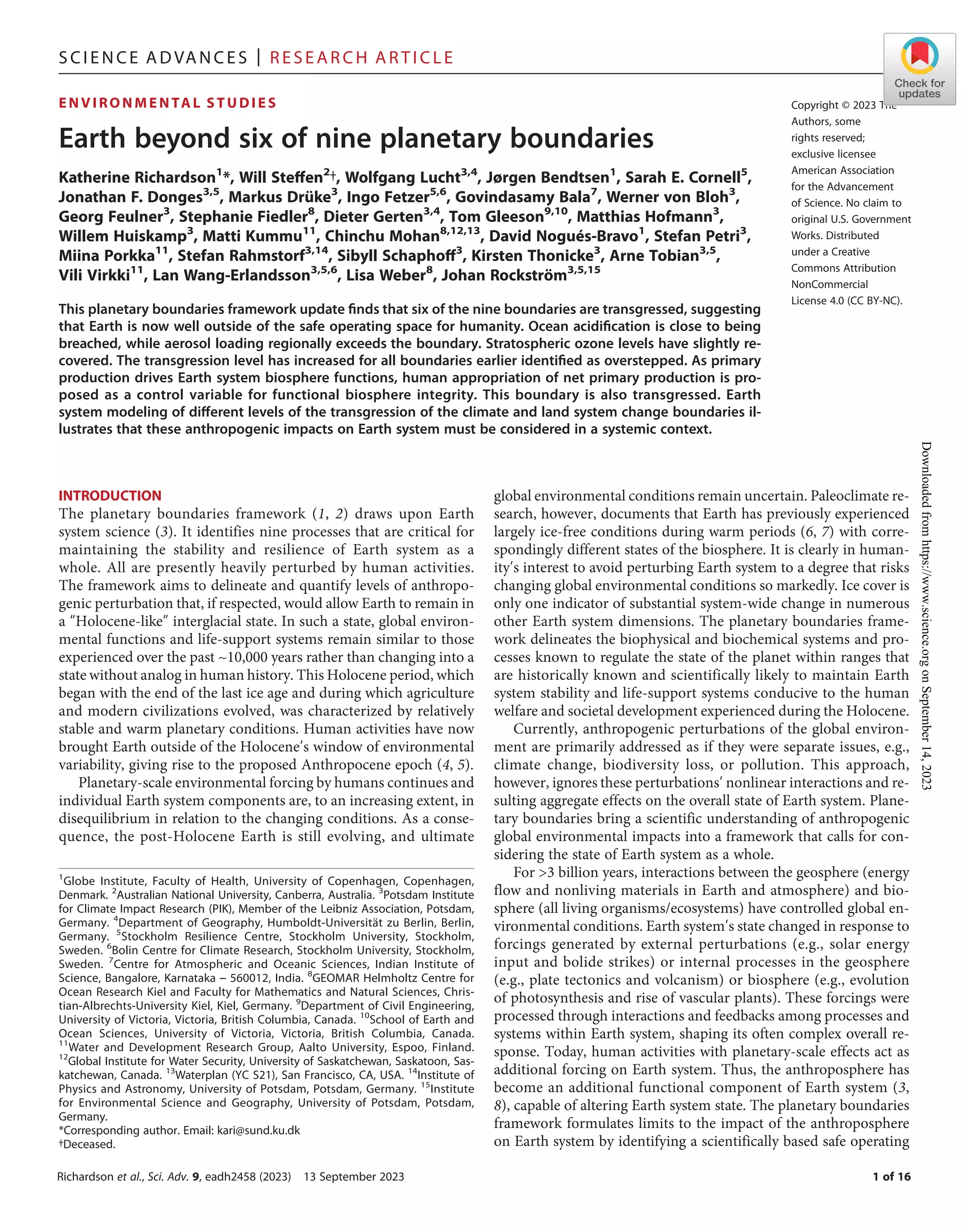 Science: Earth beyond six of nine planetary boundaries | PDF