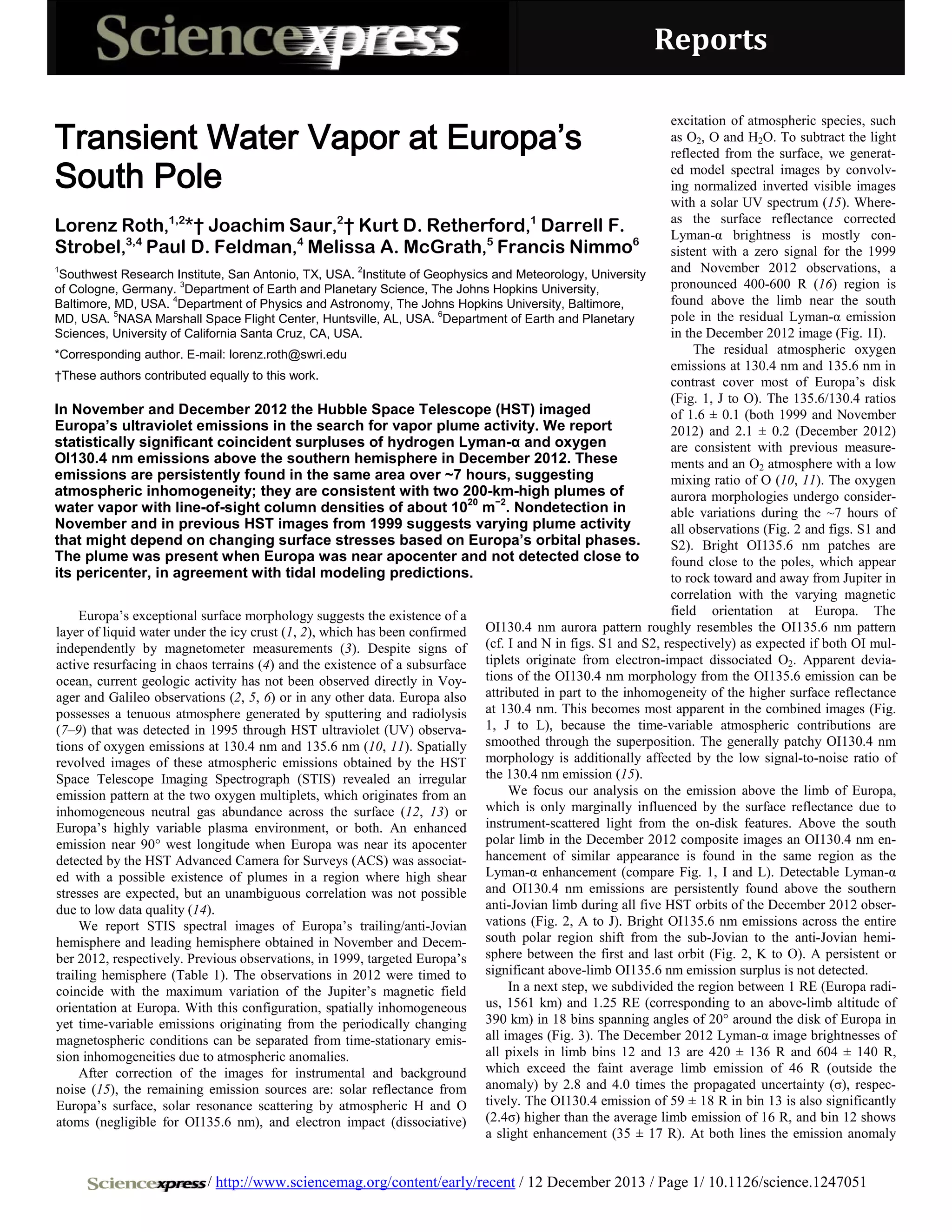 Transient Water Vapor at Europa’s South Pole | PDF