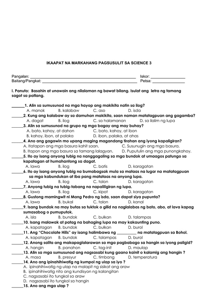 Quarterly Periodic Test Grade 3 Science 3 | PDF | Free Download