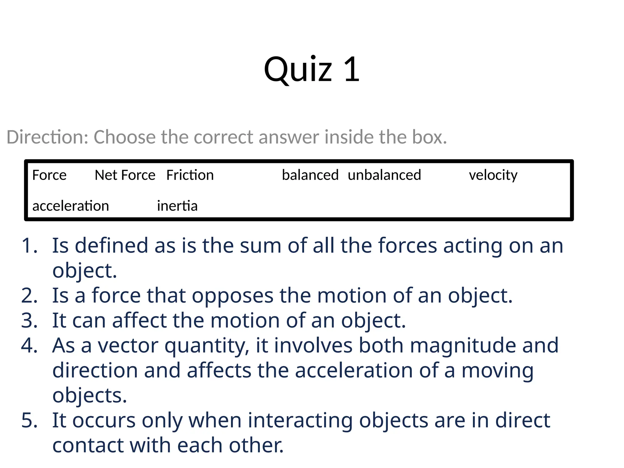 Grade 8 Science Quiz 1, Laws of Motion. | PPTX
