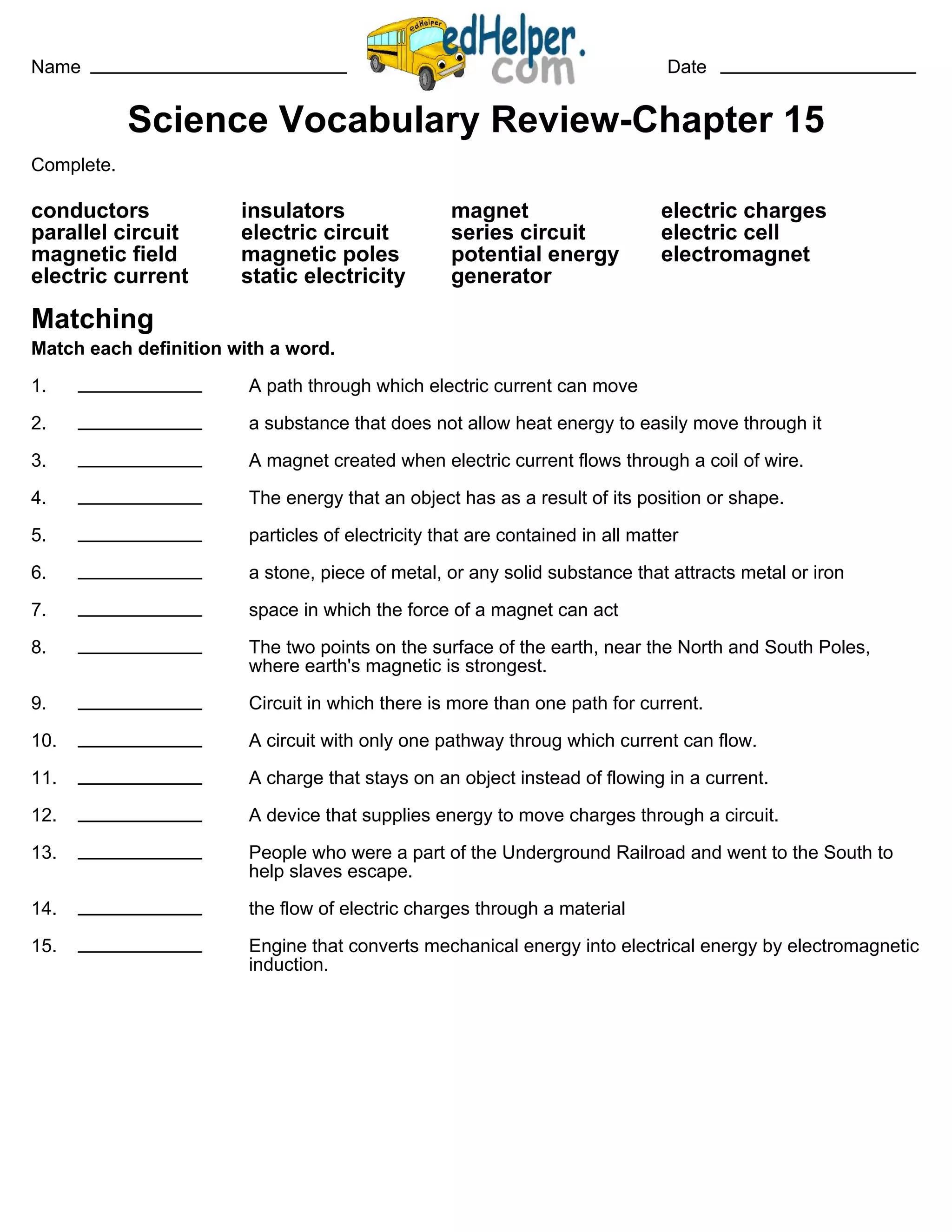 Science- Unit F Ch 15 Vocabulary Matching | PDF