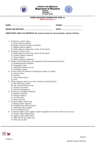 Grade 5 Science Third Quarter Summative Test on Forces and Friction | DOCX