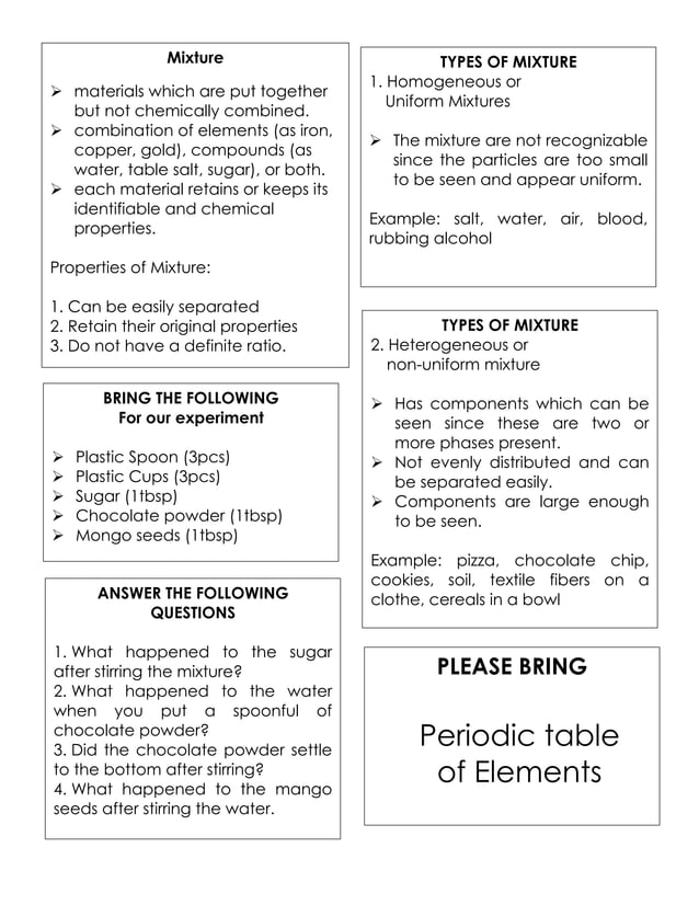 Science 6 Lecture Activity Matter, Compound, Elements, Mixture, Systems ...