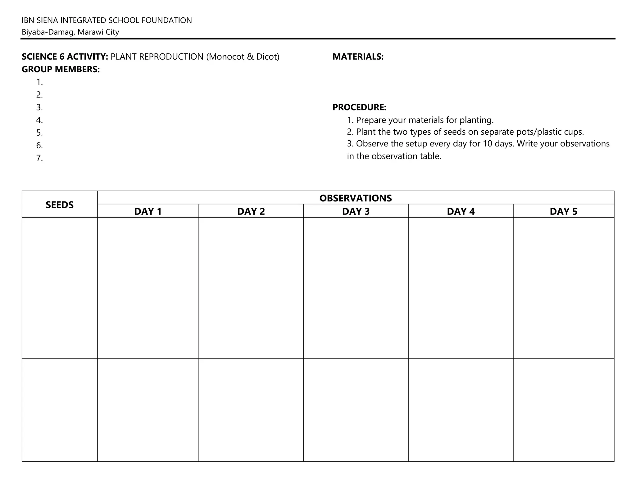 Science 6 Activity on Planting types of Seeds | DOCX