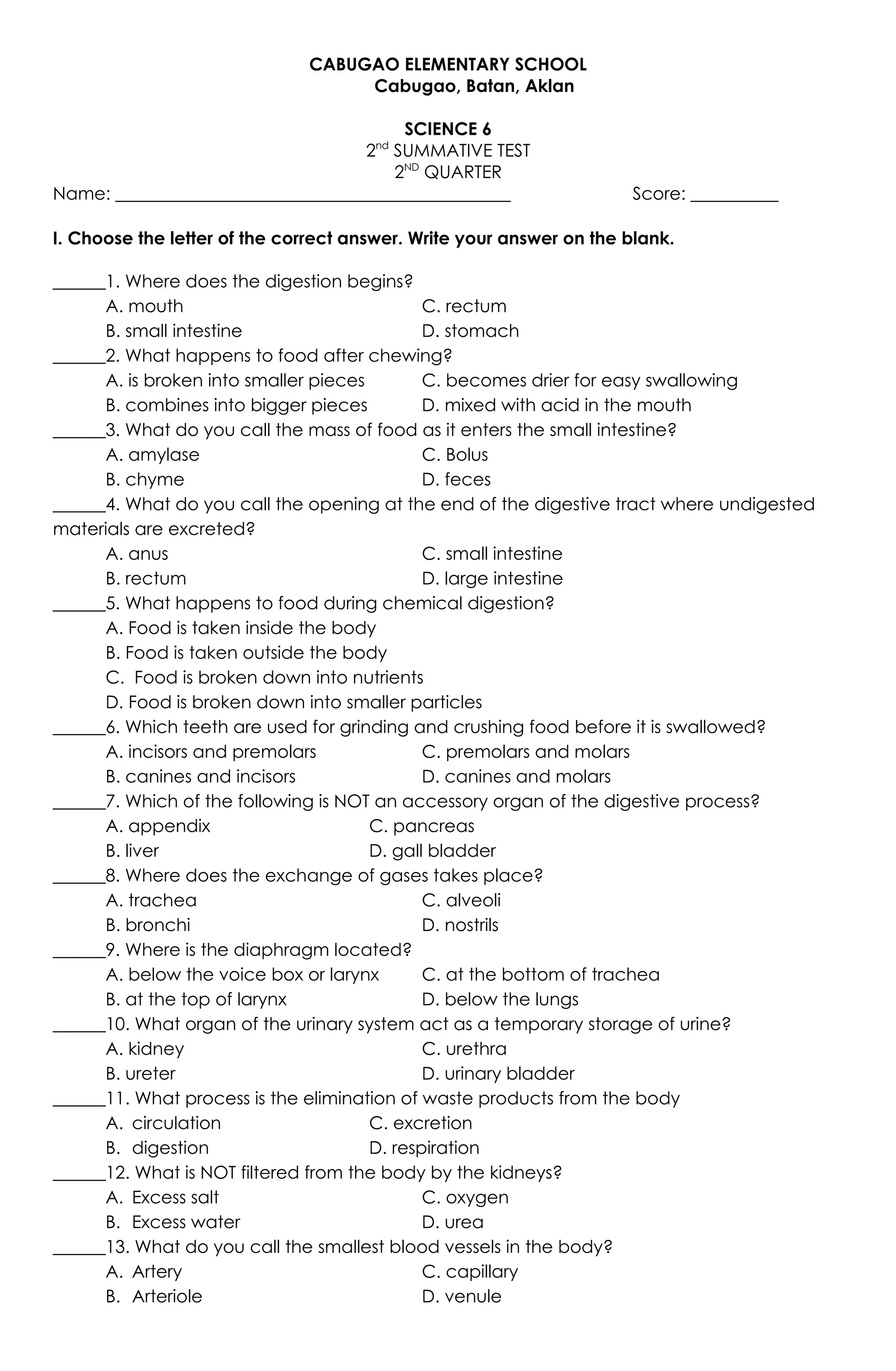 Summative Test in Science 6 2nd Periodical | DOCX