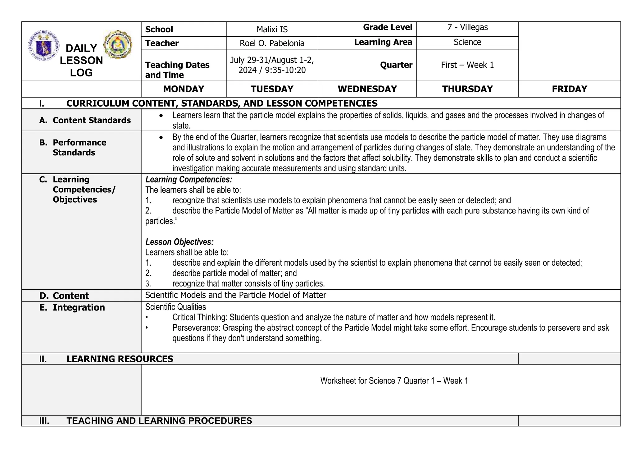 lesson Plan in Science 7_week 1 (models) | DOCX
