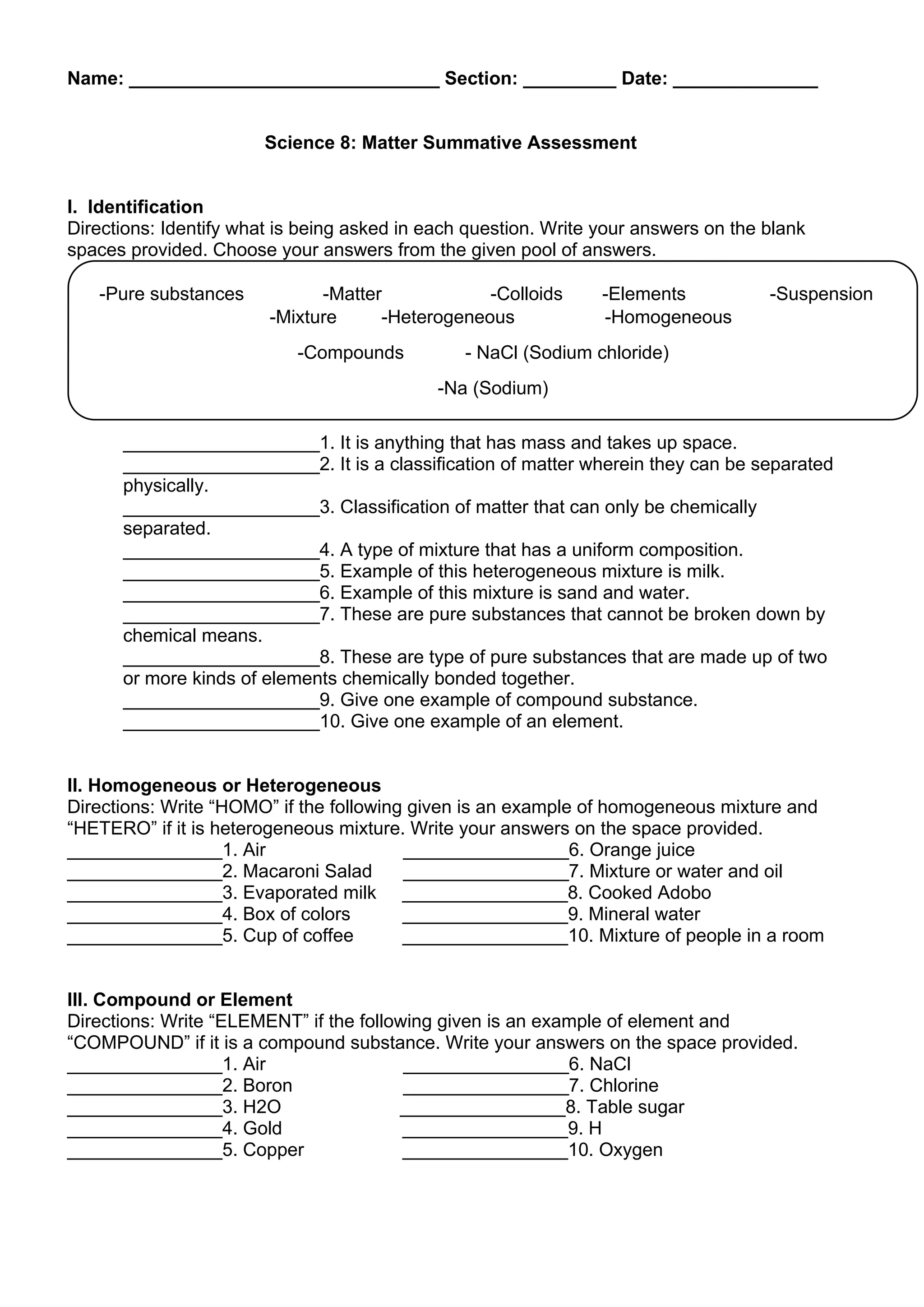 science 8 summative examination on matter | DOCX