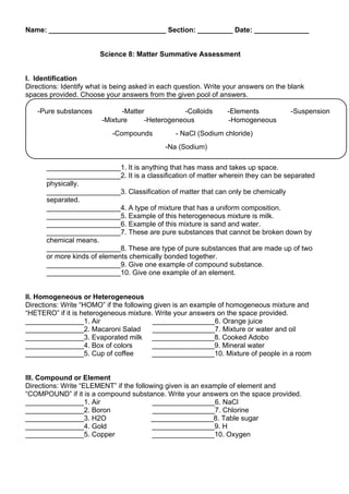 science 8 summative examination on matter | DOCX
