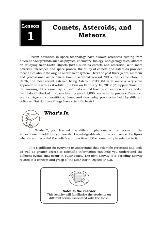 science8_q2_mod6_Comets, Asteroids and Meteors.pdf | Educational ...