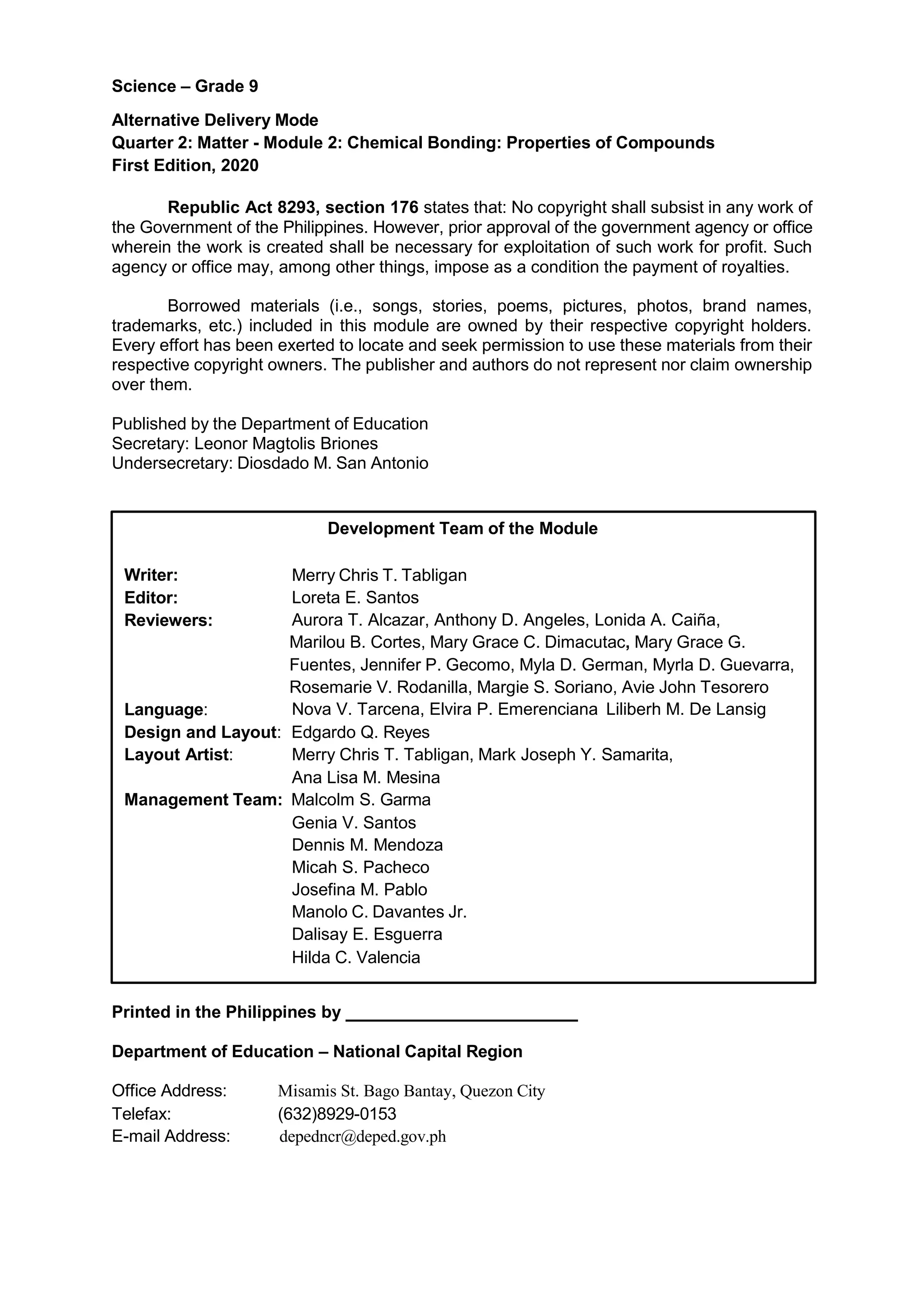 Science 9_Q2_Mod2_CHEMICAL BONDING PROPERTIES OF COMPOUNDS_VerFinal-2(1 ...