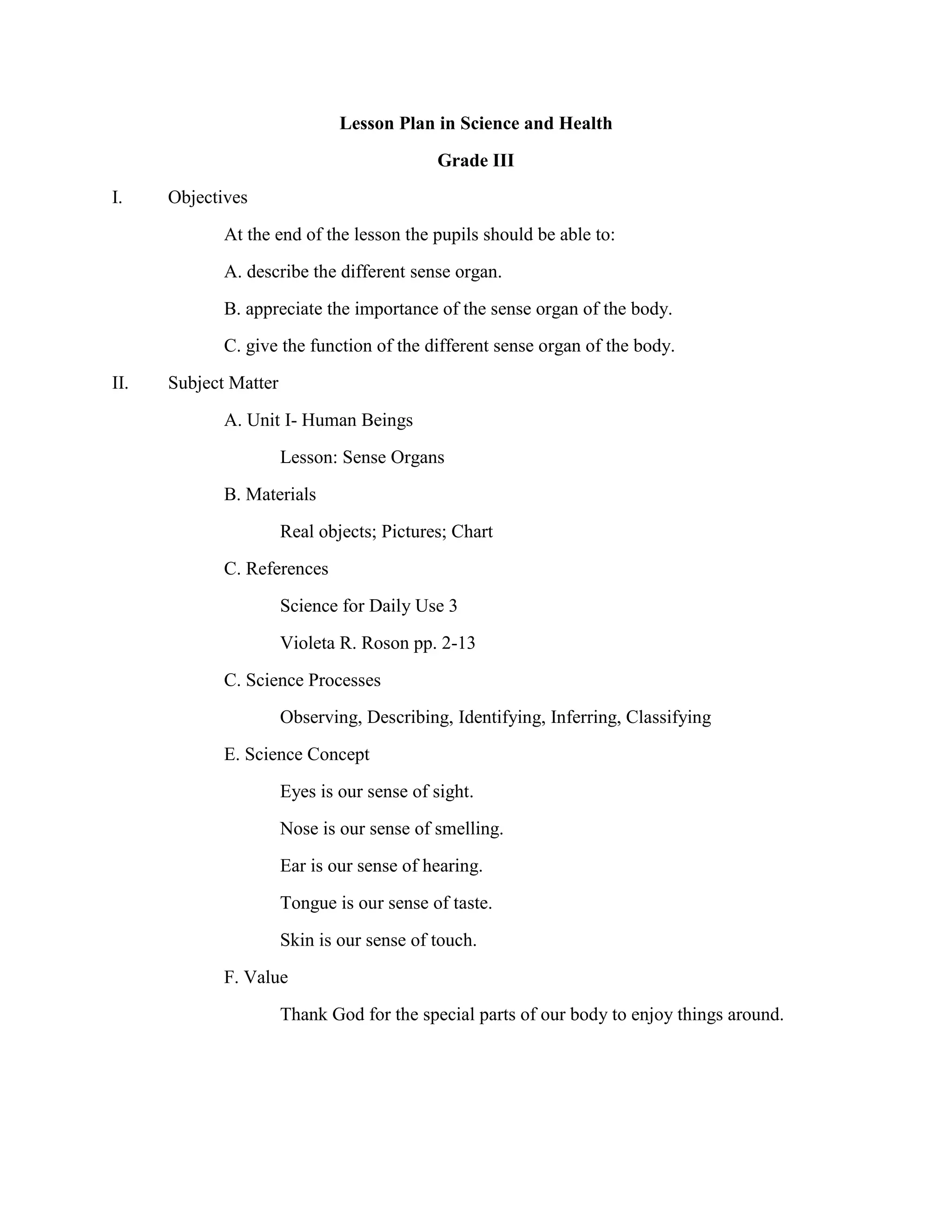 Detailed Lesson Plan in Science and Health Grade 3 Sense Organ | DOCX