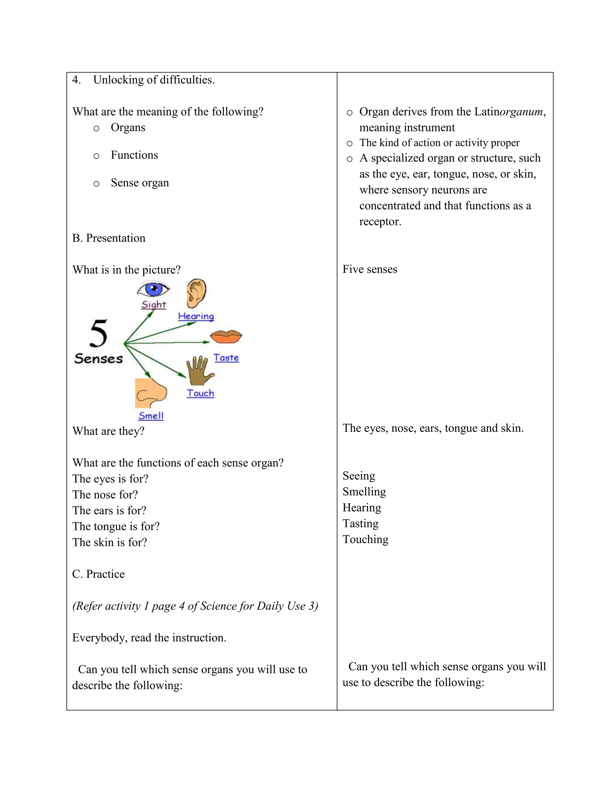 Detailed Lesson Plan in Science and Health Grade 3 Sense Organ | DOCX