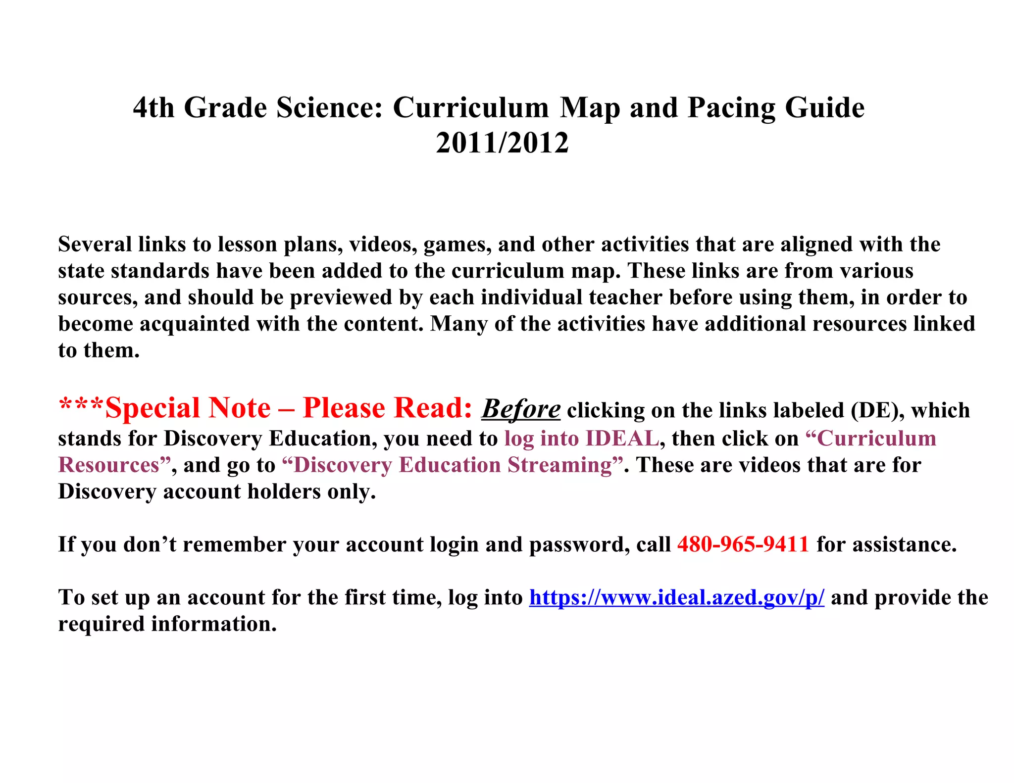 Fourth Grade Science Curriculum Map | DOC