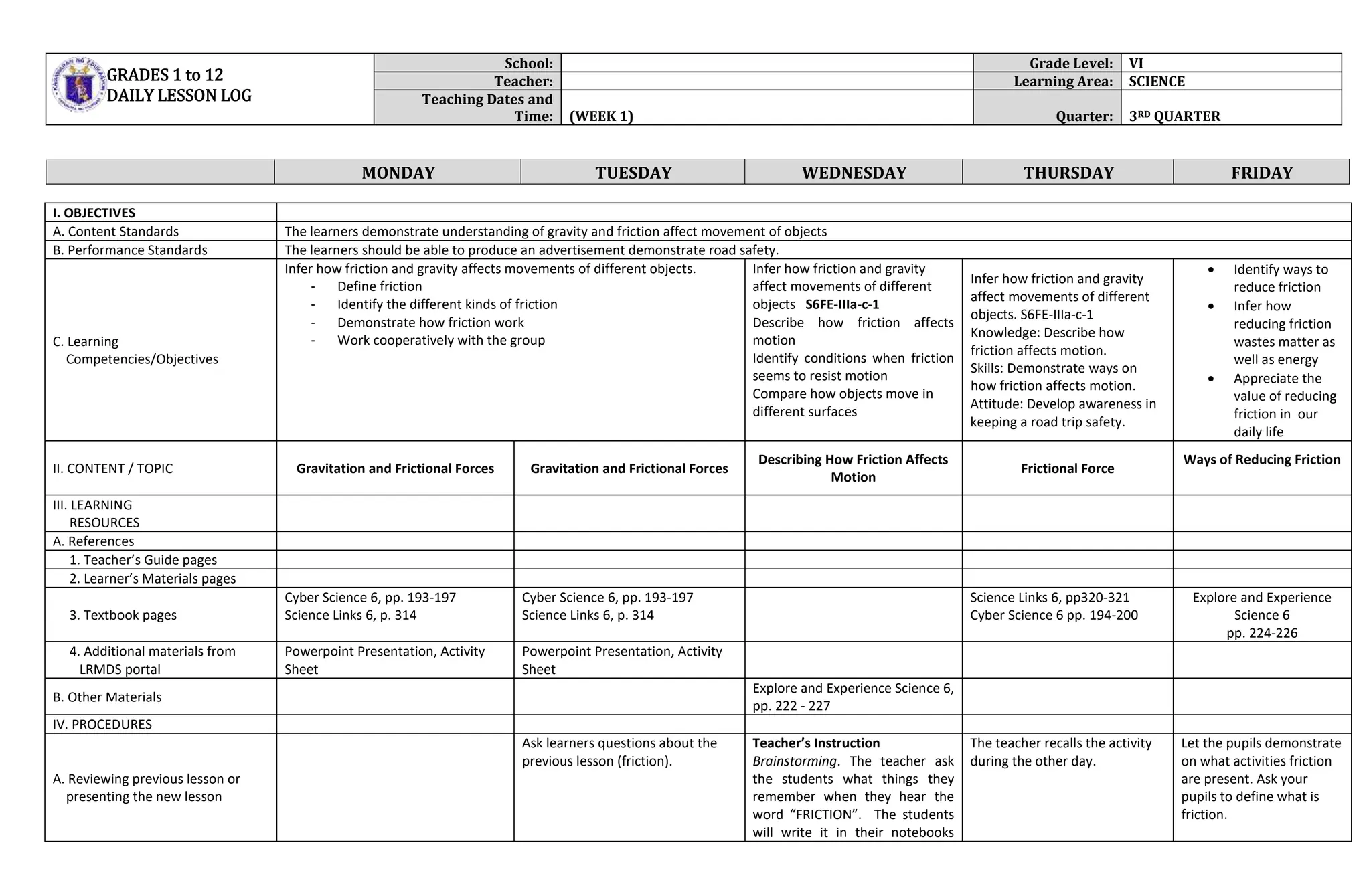 SCIENCE Daily Lesson Log grade 6....docx
