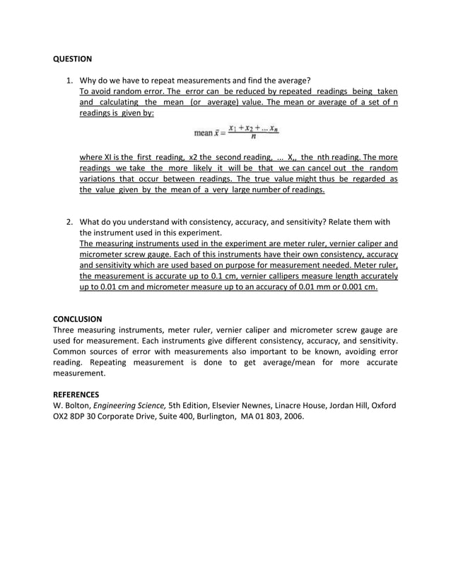 Science enginering lab report experiment 1 (physical quantities aand measurement) | PDF