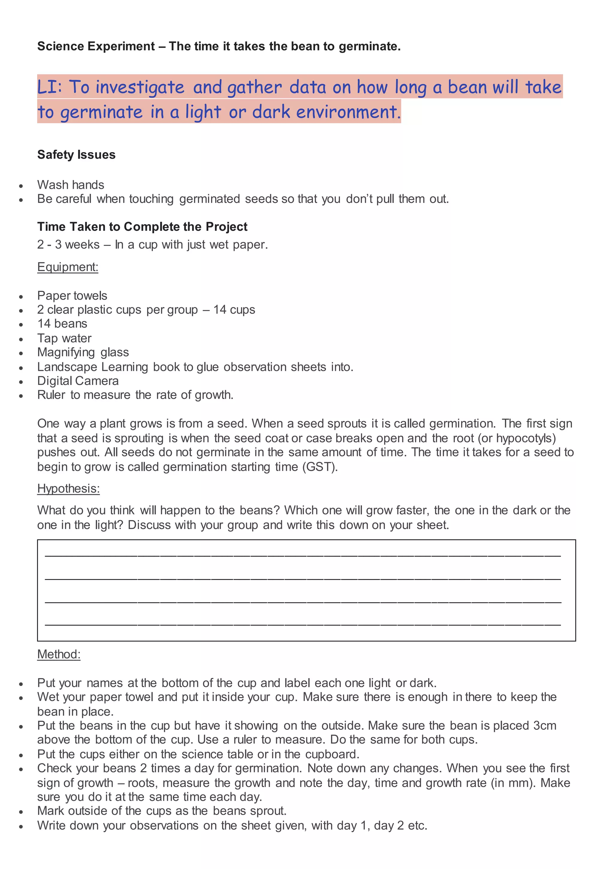 Science experiment germination process | DOCX