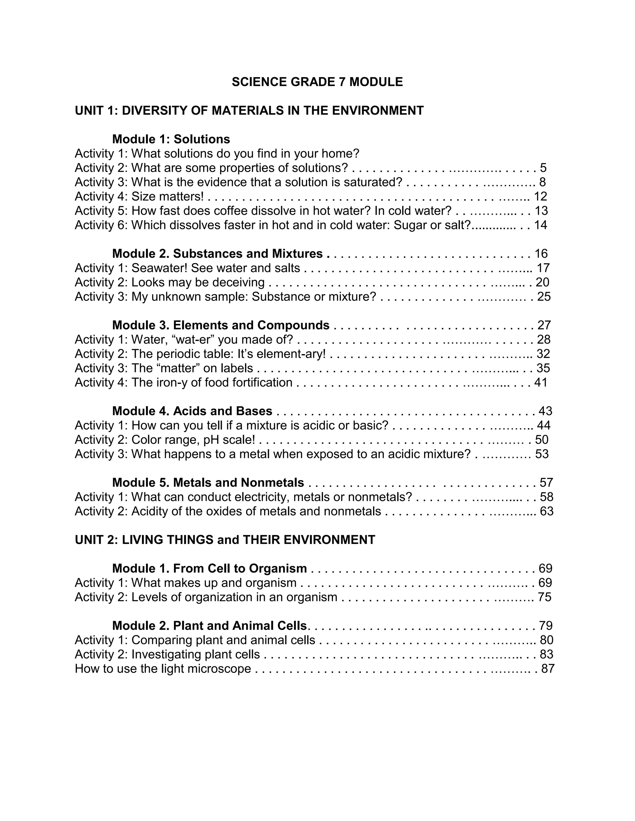 Science grade 7 Module- Table of Contents | DOCX