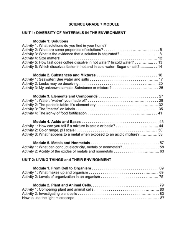 Science grade 7 Module- Table of Contents | DOCX