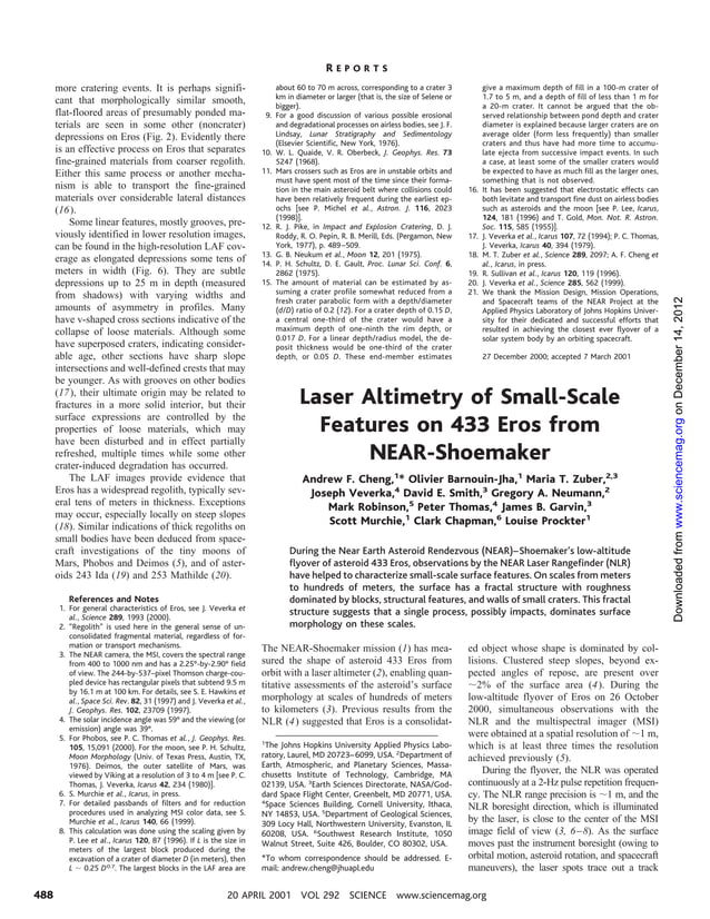 Science laser altimetry of small scale features on 433 eros from near ...
