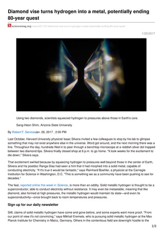 Diamond vise turns hydrogen into a metal potentially ending 80-year ...