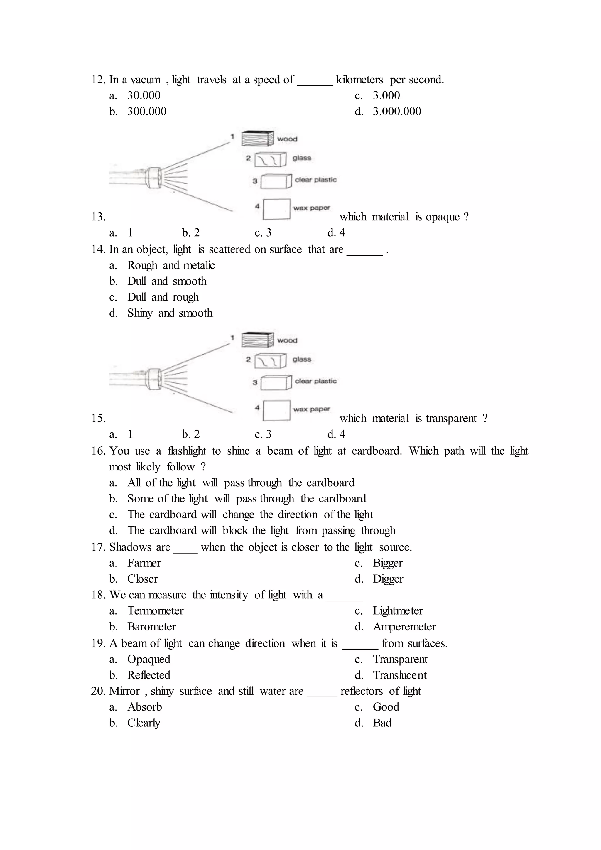 Science p5 exercise LIGHT | DOCX