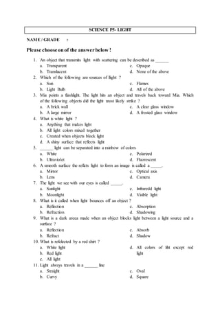 Science p5 exercise LIGHT | DOCX