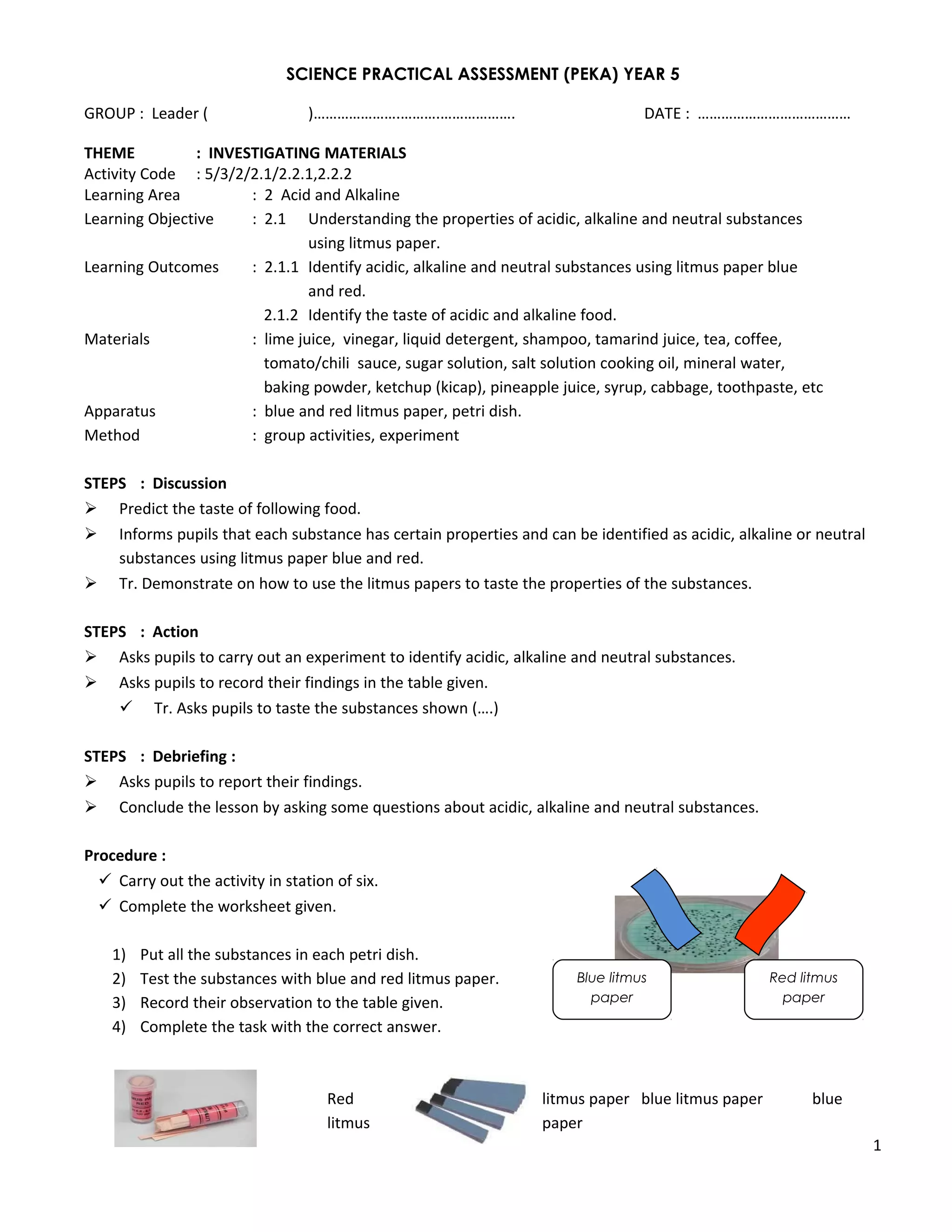 Science practical assessment acid n alkali yr5 | DOC