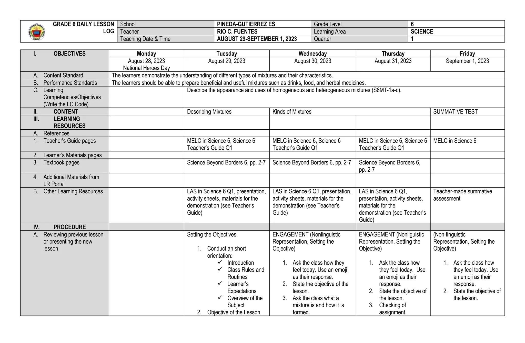 Daily Lesson Log in Science 6 Quarter 1 Week 1 | DOCX