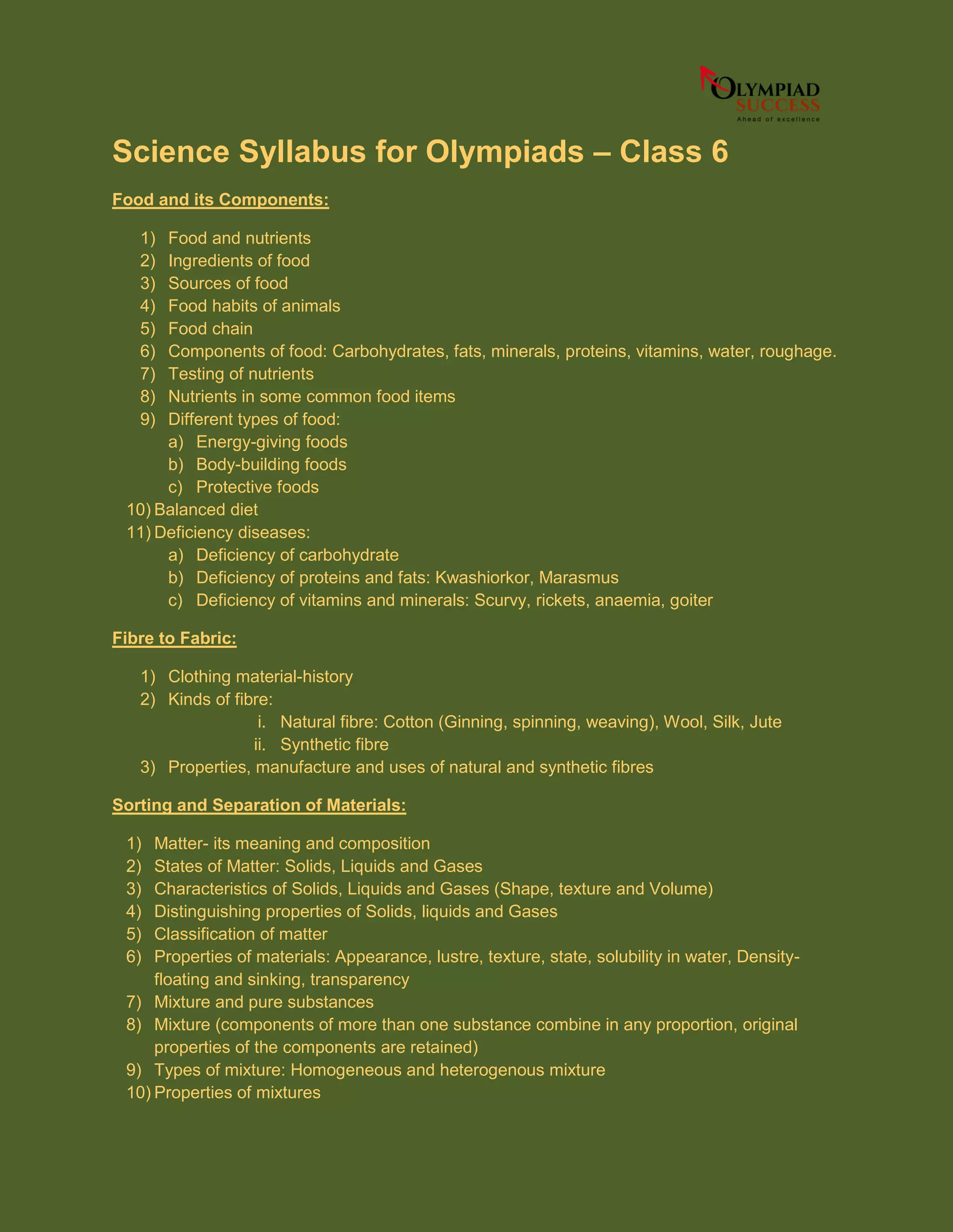 Science Syllabus for Olympiads - Class 6 | PDF