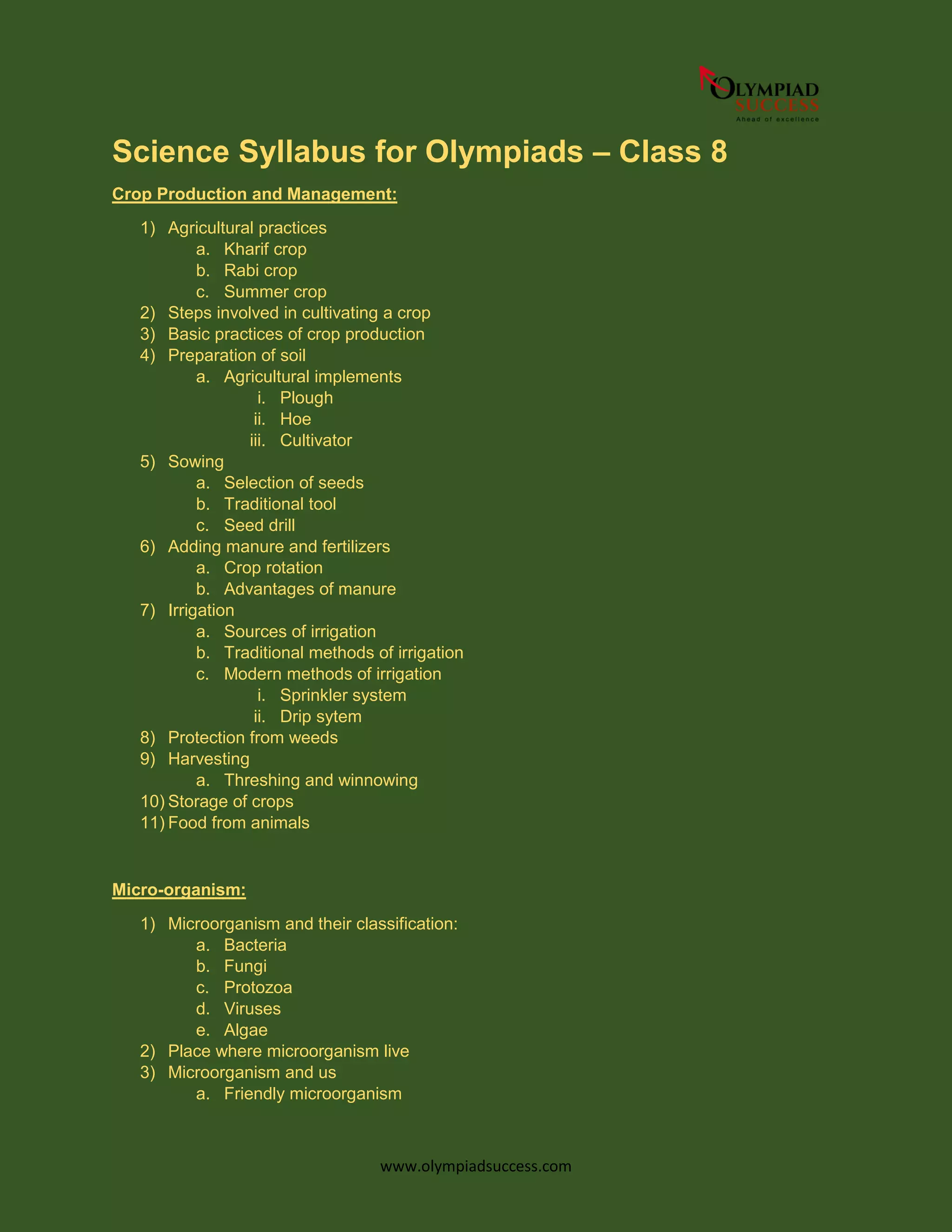 Science Syllabus for Olympiads - Class 8 | PDF